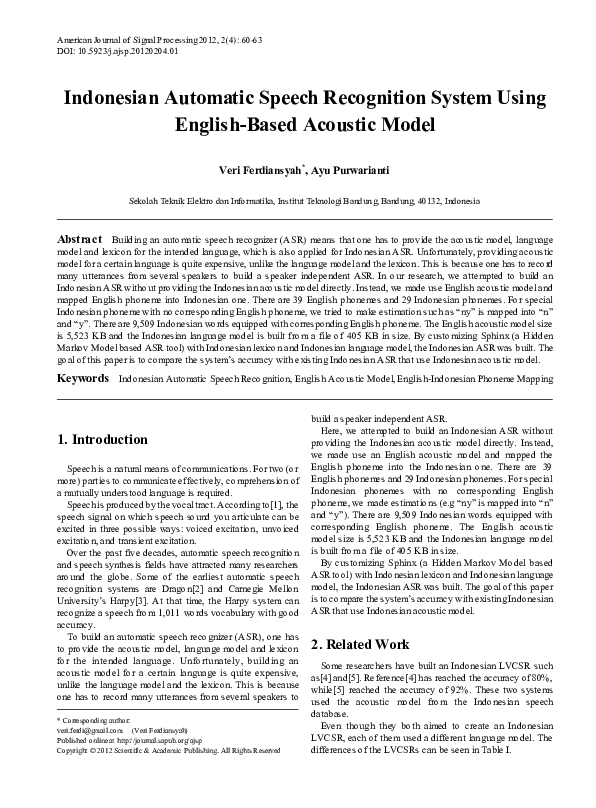 Pdf Indonesian Automatic Speech Recognition System Using English