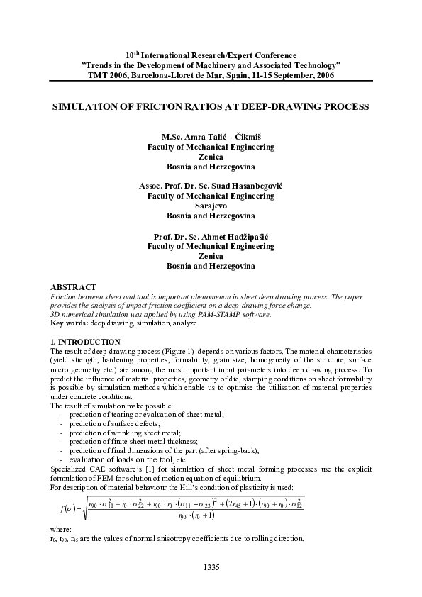 (PDF) Simulation of Fricton Ratios at Deep-Drawing Process | Amra Talić-Čikmiš - Academia.edu