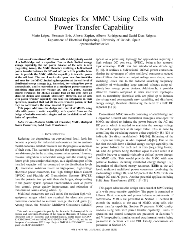 (PDF) Control strategies for MMC using cells with power transfer capability