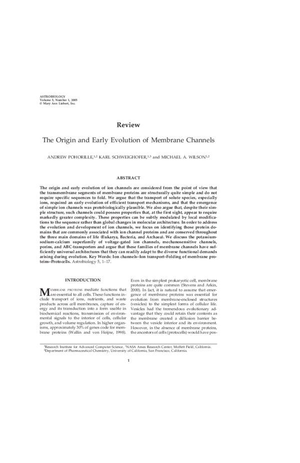 (PDF) The Origin and Early Evolution of Membrane Channels