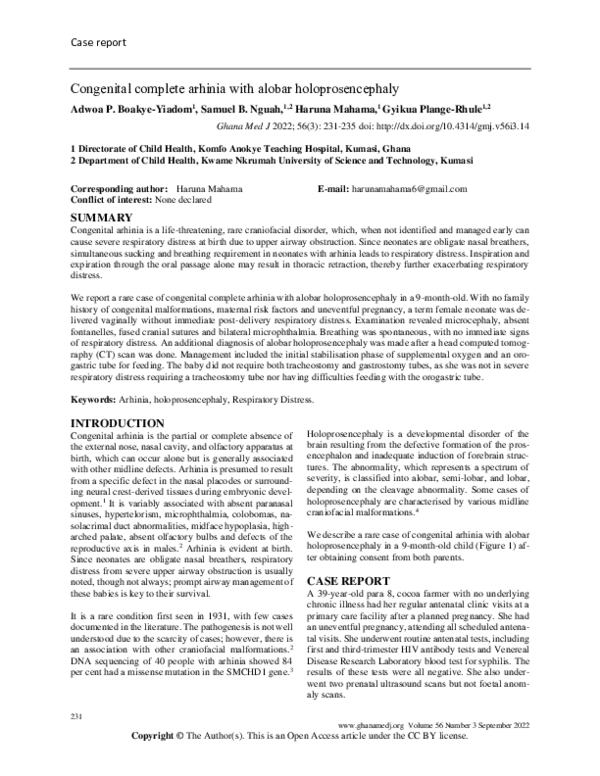 (PDF) Congenital complete arhinia with alobar holoprosencephaly