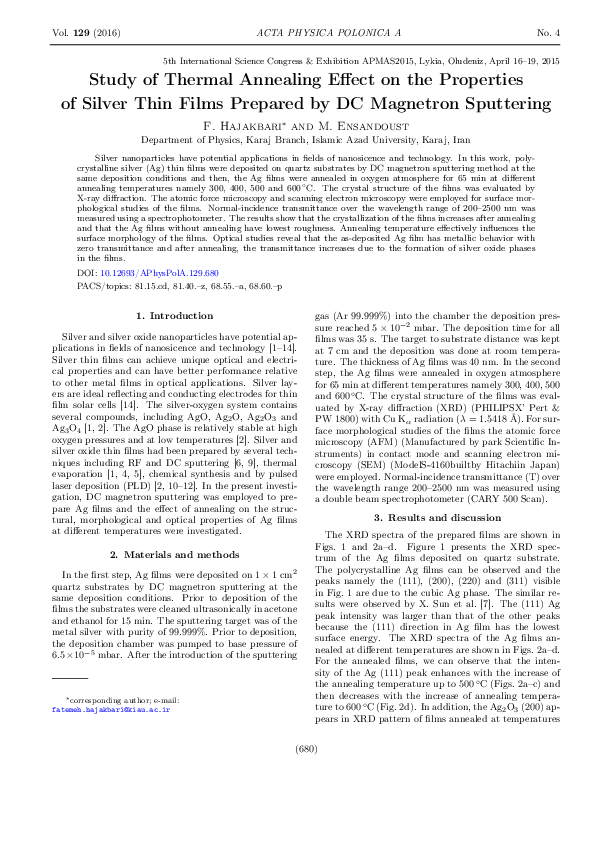 (PDF) Study of Thermal Annealing Effect on the Properties of Silver Thin Films Prepared by DC ...