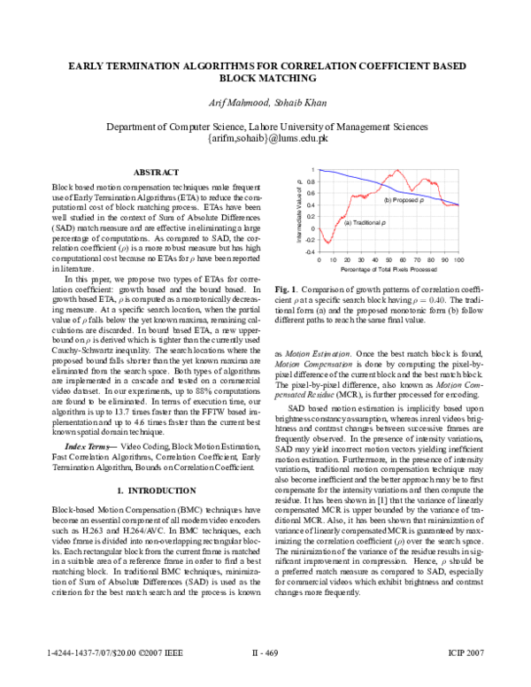 (PDF) Early Termination Algorithms for Correlation Coefficient Based Block Matching