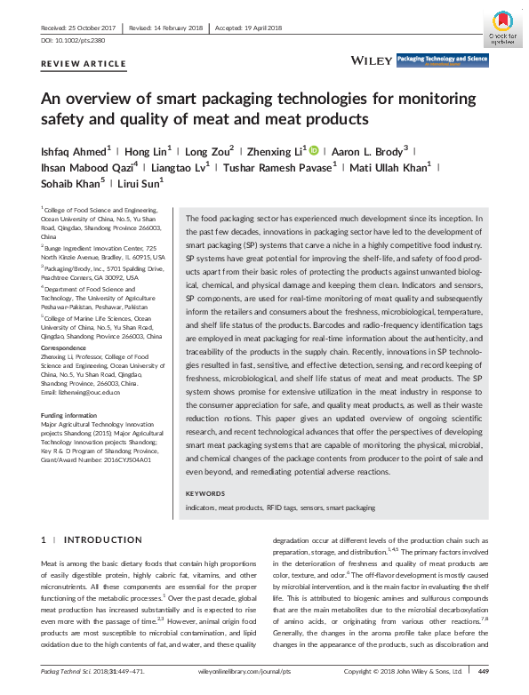 (PDF) An overview of smart packaging technologies for monitoring safety ...