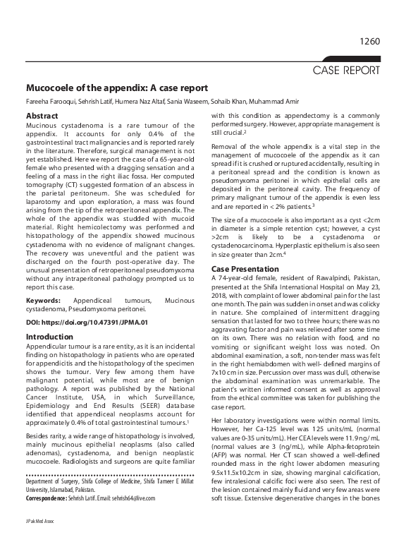 (PDF) Mucocele of appendix: a case report