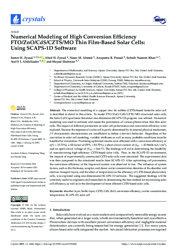 (PDF) Numerical Modeling of High Conversion Efficiency Mo/CZTS/CdS/ZnO/ FTO Thin Film – Based ...