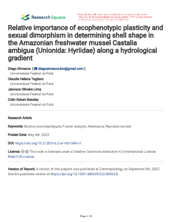 Pdf Relative Importance Of Ecophenotypic Plasticity And Sexual Dimorphism In Determining Shell