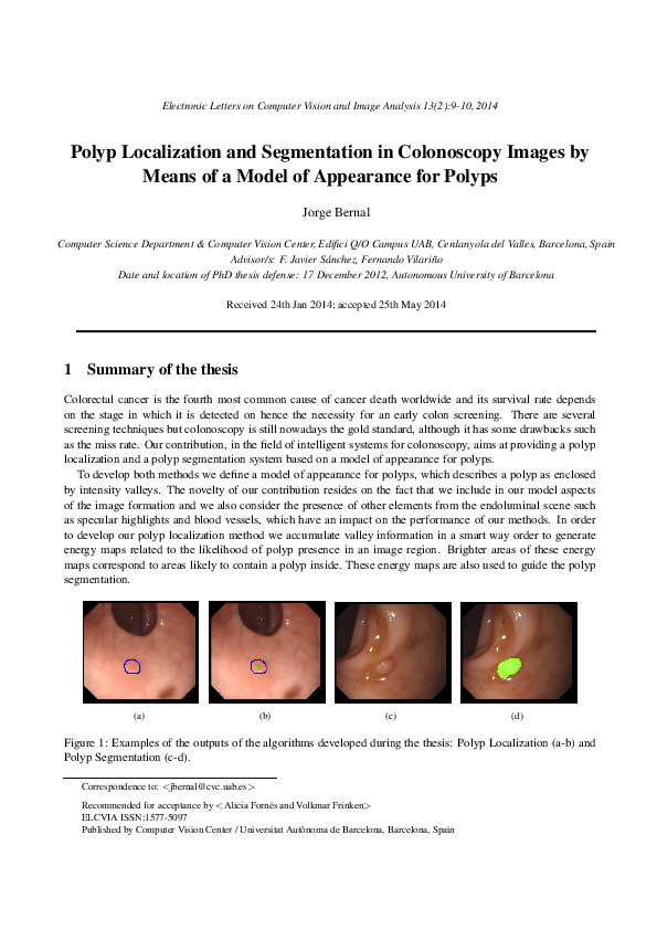 (PDF) Polyp Localization and Segmentation in Colonoscopy Images by Means of a Model of ...