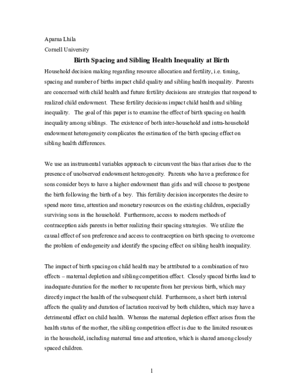 (PDF) Birth Spacing and Sibling Health Inequality at Birth