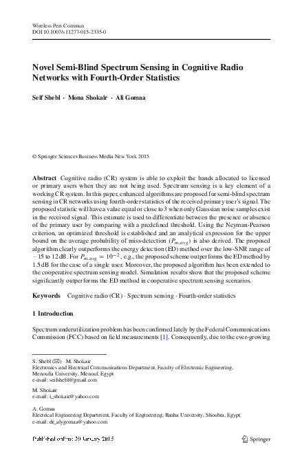 Pdf Novel Semi Blind Spectrum Sensing In Cognitive Radio Networks