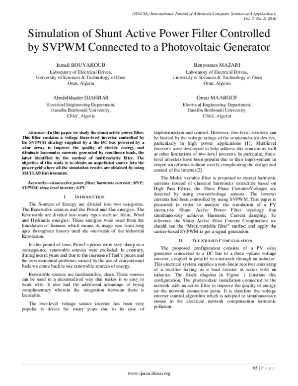 (PDF) Simulation of Shunt Active Power Filter Controlled by SVPWM Connected to a Photovoltaic ...