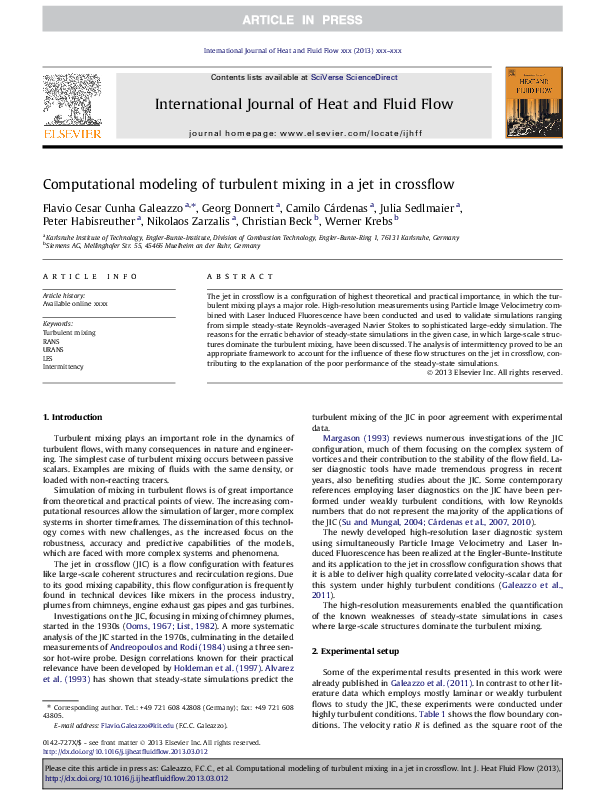 Pdf Computational Modeling Of Turbulent Mixing In A Jet In Crossflow