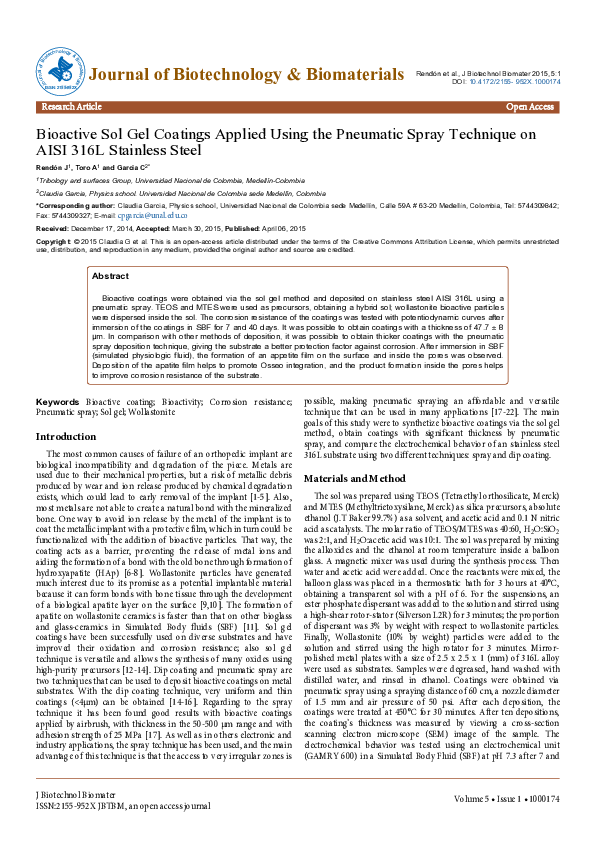 (PDF) Bioactive Sol Gel Coatings Applied Using the Pneumatic Spray ...