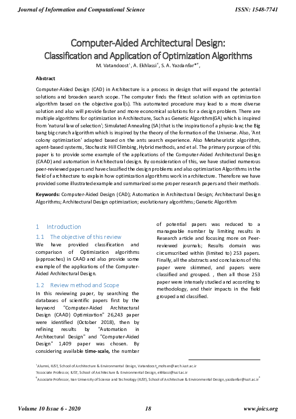 Pdf Computer Aided Architectural Design Classification And Application Of Optimization Algorithms 9891