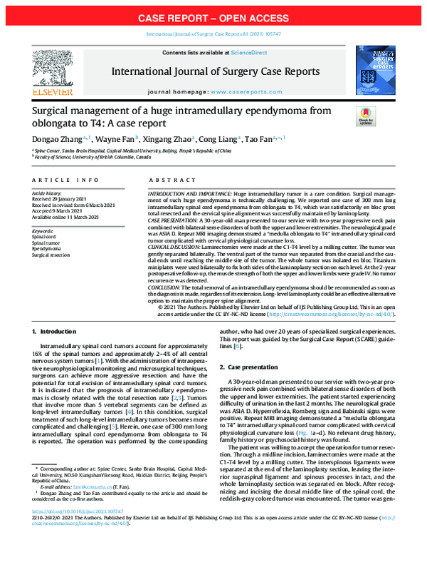 (PDF) Surgical management of a huge intramedullary ependymoma from oblongata to T4: A case report
