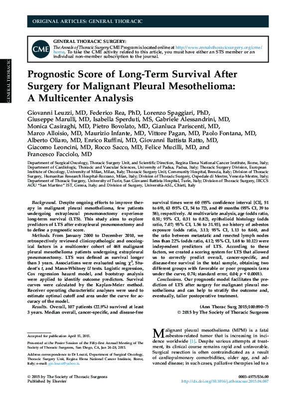 (PDF) Prognostic Score of Long-Term Survival After Surgery for ...