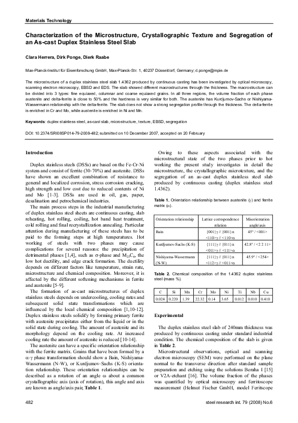 (PDF) Characterization of the microstructure, crystallographic texture and segregation of an as ...