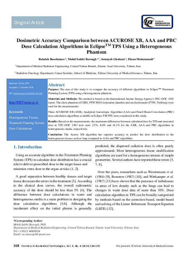 Pdf Dosimetric Accuracy Comparison Between Acurose Xb Aaa And Pbc Dose Calculation Algorithms