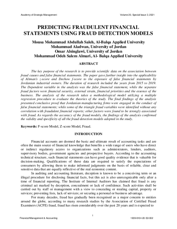 (PDF) Predicting Fraudulent Financial Statements Using Fraud Detection Models
