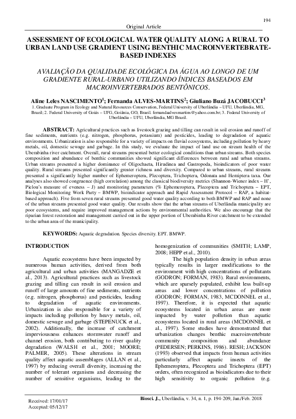 (PDF) Assessment of ecological water quality along a rural to urban ...