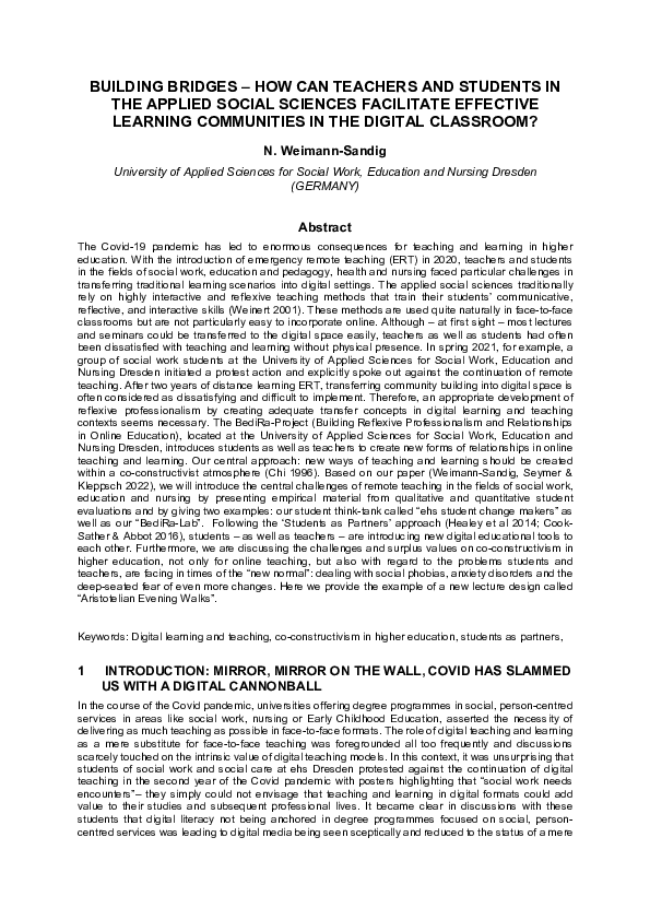 (PDF) BUILDING BRIDGES -HOW CAN TEACHERS AND STUDENTS IN THE APPLIED SOCIAL SCIENCES FACILITATE ...