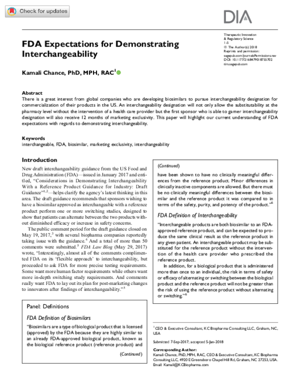 (PDF) FDA Expectations for Demonstrating Interchangeability
