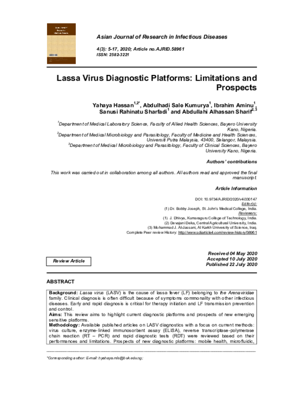 (PDF) Lassa Virus Diagnostic Platforms: Limitations and Prospects