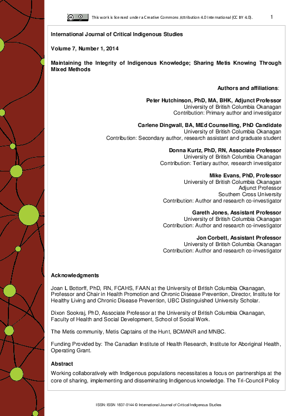 (PDF) Maintaining the Integrity of Indigenous Knowledge; Sharing Metis ...