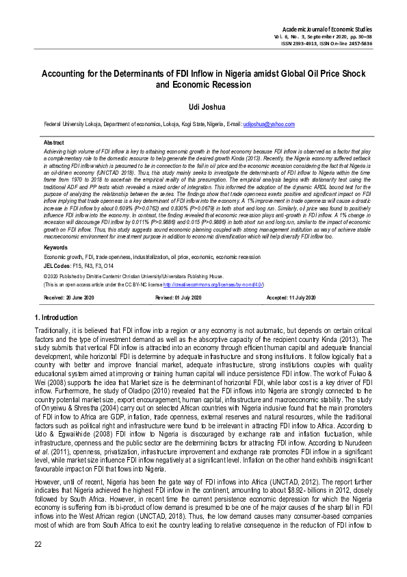 (PDF) Accounting for the Determinants of FDI Inflow in Nigeria amidst ...