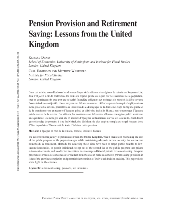 (PDF) Pension Provision and Retirement Saving: Lessons from the United ...