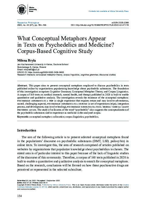 (PDF) What Conceptual Metaphors Appear in Texts on Psychedelics and Medicine? Corpus-Based ...