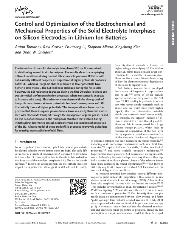 (PDF) Control and Optimization of the Electrochemical and Mechanical Properties of the Solid ...
