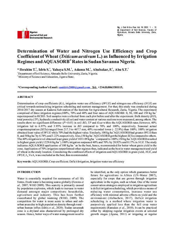 (PDF) Determination of Water and Nitrogen Use Efficiency and Crop Coefficient of Wheat (Triticum ...