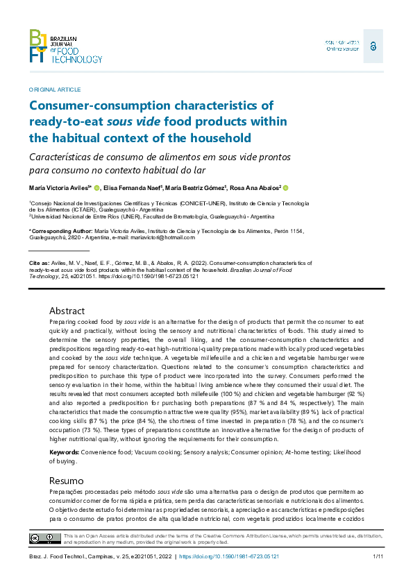 (PDF) Consumer-consumption characteristics of ready-to-eat sous vide ...