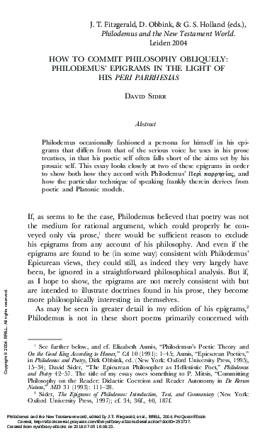 (PDF) How to Commit Philosophy Obliquely: Philodemus' Epigrams in the ...