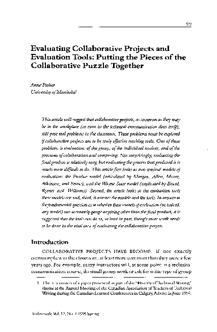 (PDF) Evaluating Collaborative Projects and Evaluation Tools: Putting the Pieces of the ...