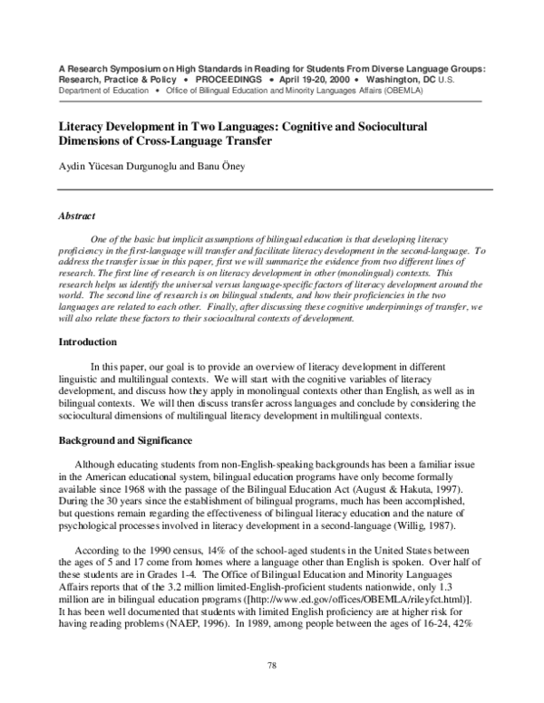 (PDF) Literacy Development in Two Languages: Cognitive and Sociocultural Dimensions of Cross ...