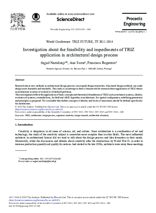 (PDF) Investigation about the Feasibility and Impediments of TRIZ Application in Architectural ...