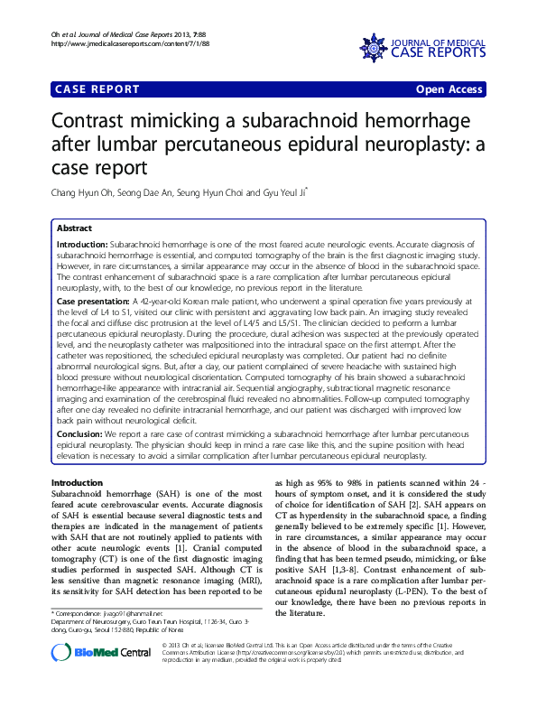 (PDF) Contrast mimicking a subarachnoid hemorrhage after lumbar percutaneous epidural ...