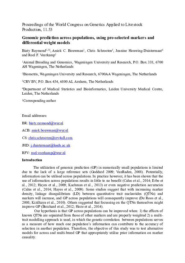 Pdf Genomic Prediction Across Populations Using Pre Selected Markers And Differential Weight