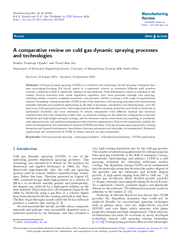 (PDF) A comparative review on cold gas dynamic spraying processes and ...