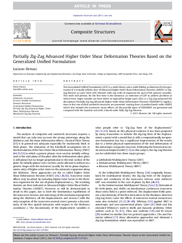 Pdf Partially Zig Zag Advanced Higher Order Shear Deformation Theories Based On The