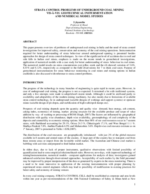 (PDF) Strata Control Problems of Underground Coal Mining Vis-À-Vis ...