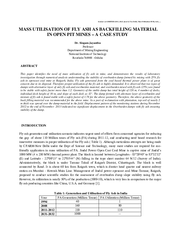 (PDF) Mass Utilisation of Fly Ash as Backfilling Material in Open Pit Mines - a Case Study