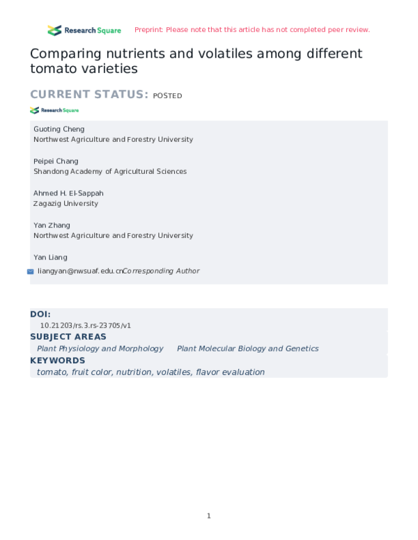 (PDF) Comparing nutrients and volatiles among different tomato varieties