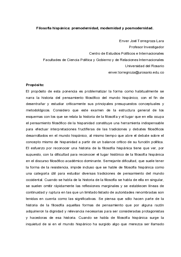 (PDF) Filosofia hispanica: premodernidad, modernidad y posmodernidad