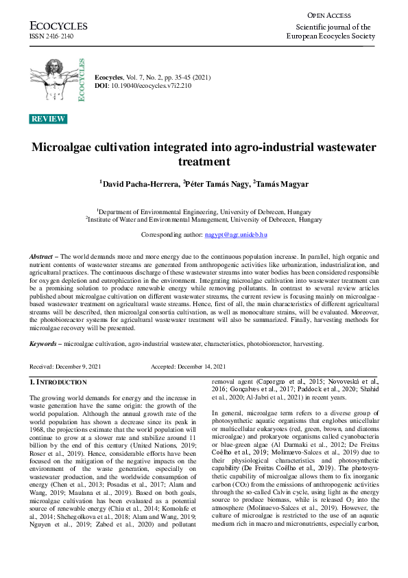 (PDF) Microalgae cultivation integrated into agro-industrial wastewater treatment