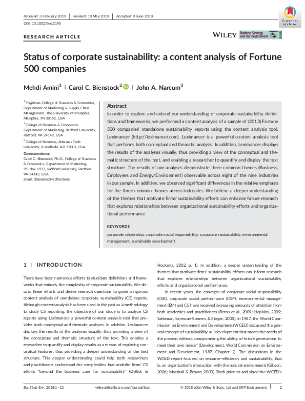 (PDF) Status of corporate sustainability: a content analysis of Fortune ...