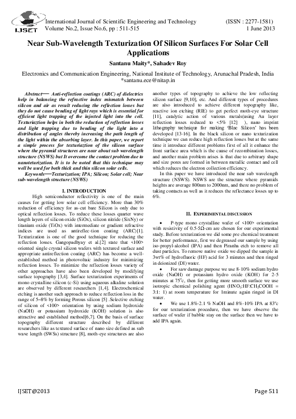 (PDF) Near Sub-Wavelength Texturization Of Silicon Surfaces For Solar ...