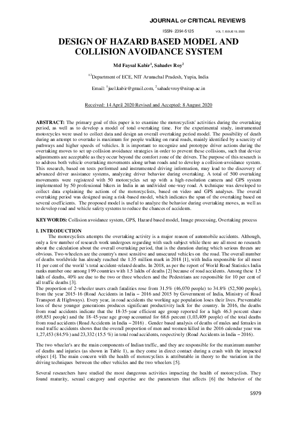 (PDF) Design of hazard based model and collision avoidance system | Dr. Sahadev Roy - Academia.edu